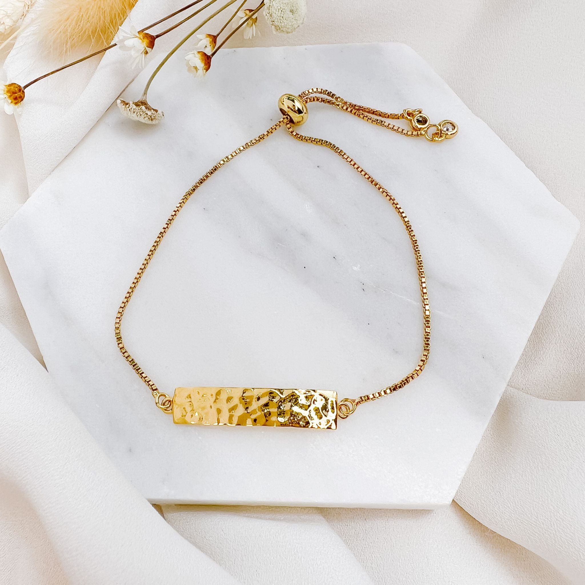 Gold Hammered Bar Adjustable Bolo Style Bracelet - Reminded Designs
